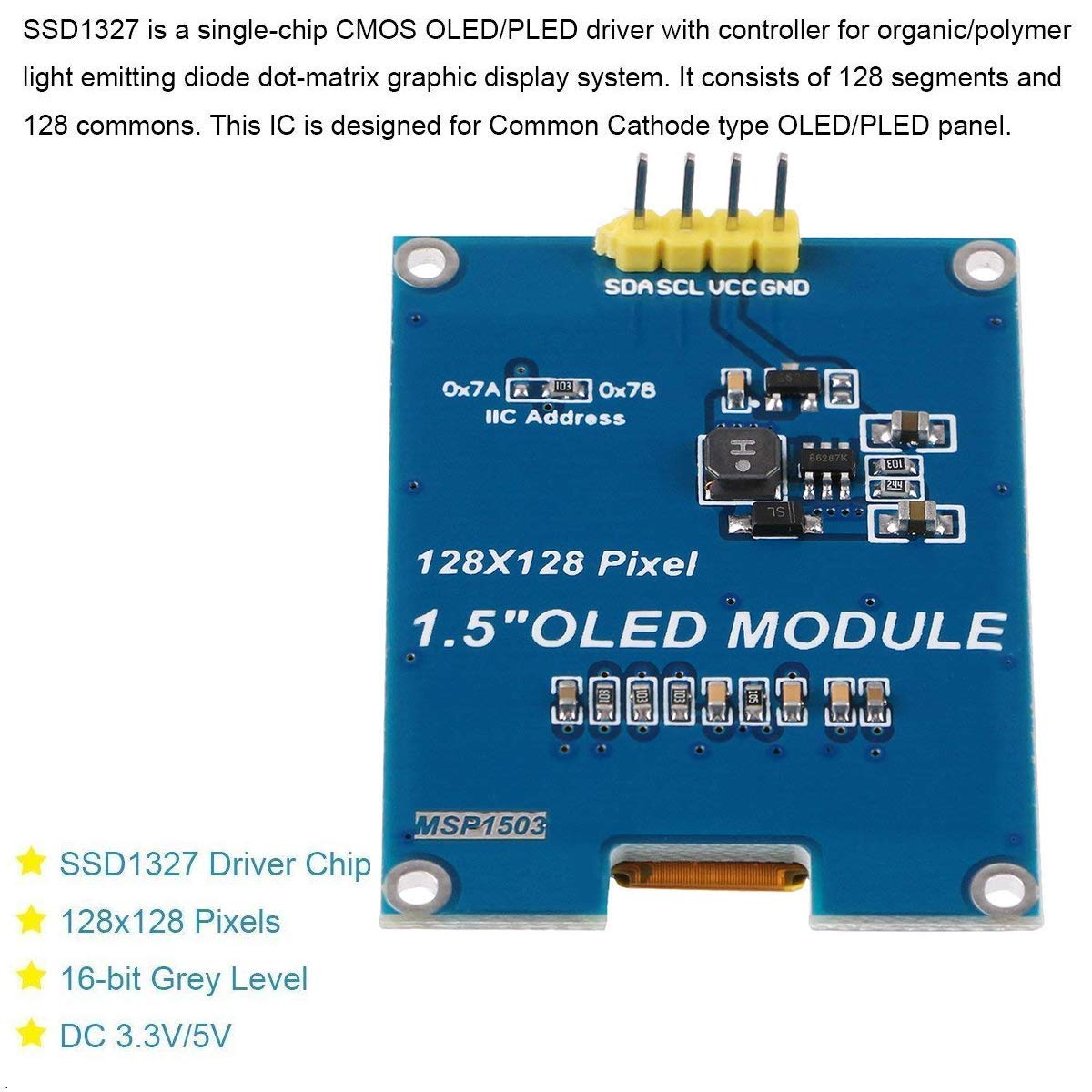 1.5吋 OLED 液晶顯示模組 白字 SSD1327 IC 驅動 I2C 通信 Arduino STM32 可用 - 台灣智能感測科技