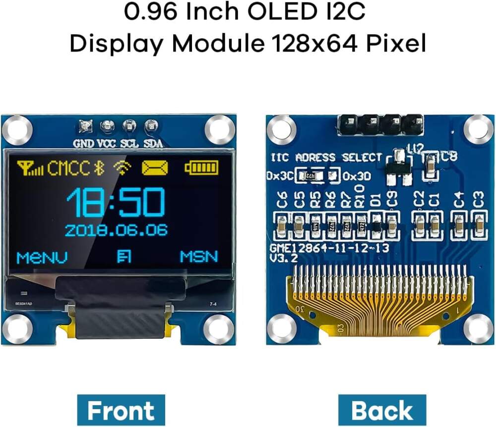 新版 0.96 吋 OLED I2C IIC 顯示器模組 12864 SSD1306 藍黃色 已焊接針腳 - 台灣智能感測科技